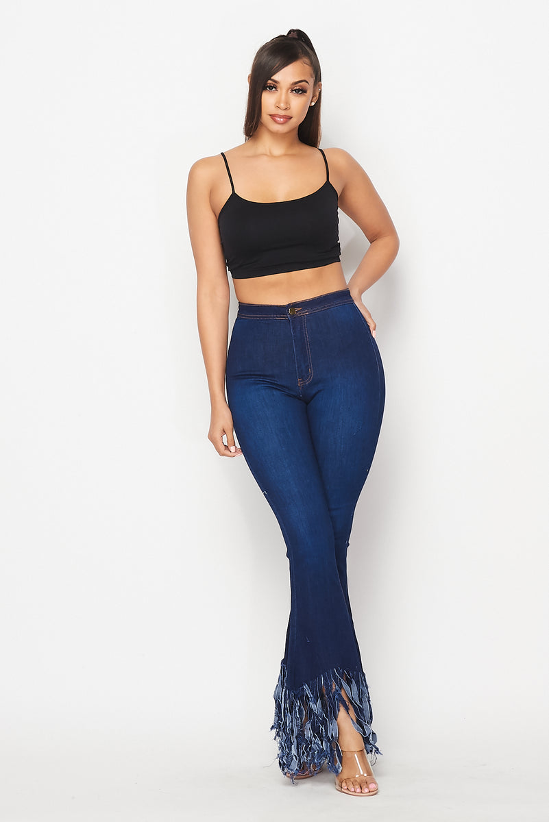 Super High Waisted Distressed High Low Bell Bottoms - Dark Denim ...