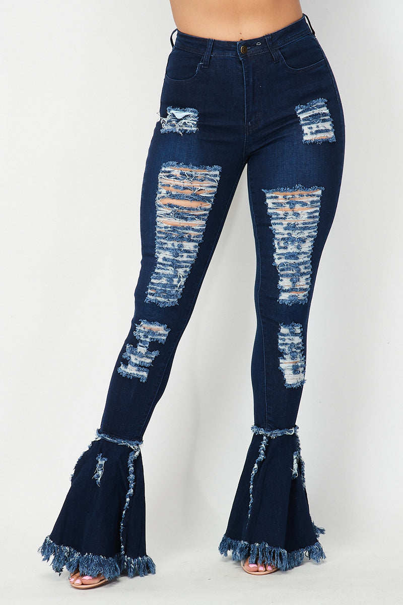 Super High Waisted Distressed Flare Jeans - Dark Denim – SohoGirl.com