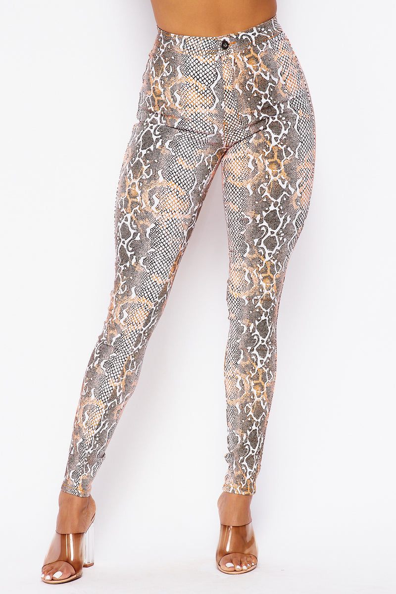 Skinny High Waisted Snake Print Jeans - Coral – SohoGirl.com