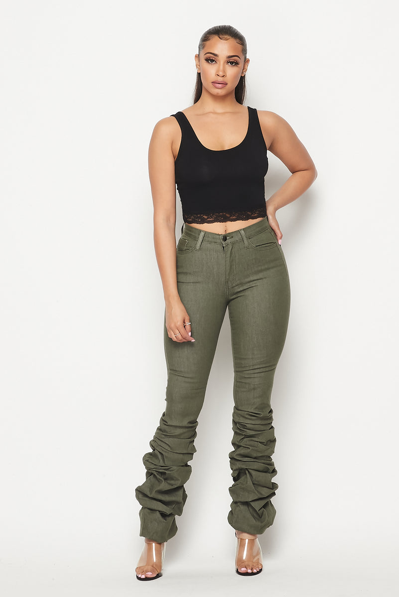 Vibrant Scrunch Up Bootcut Denim Jeans - Olive – SohoGirl.com