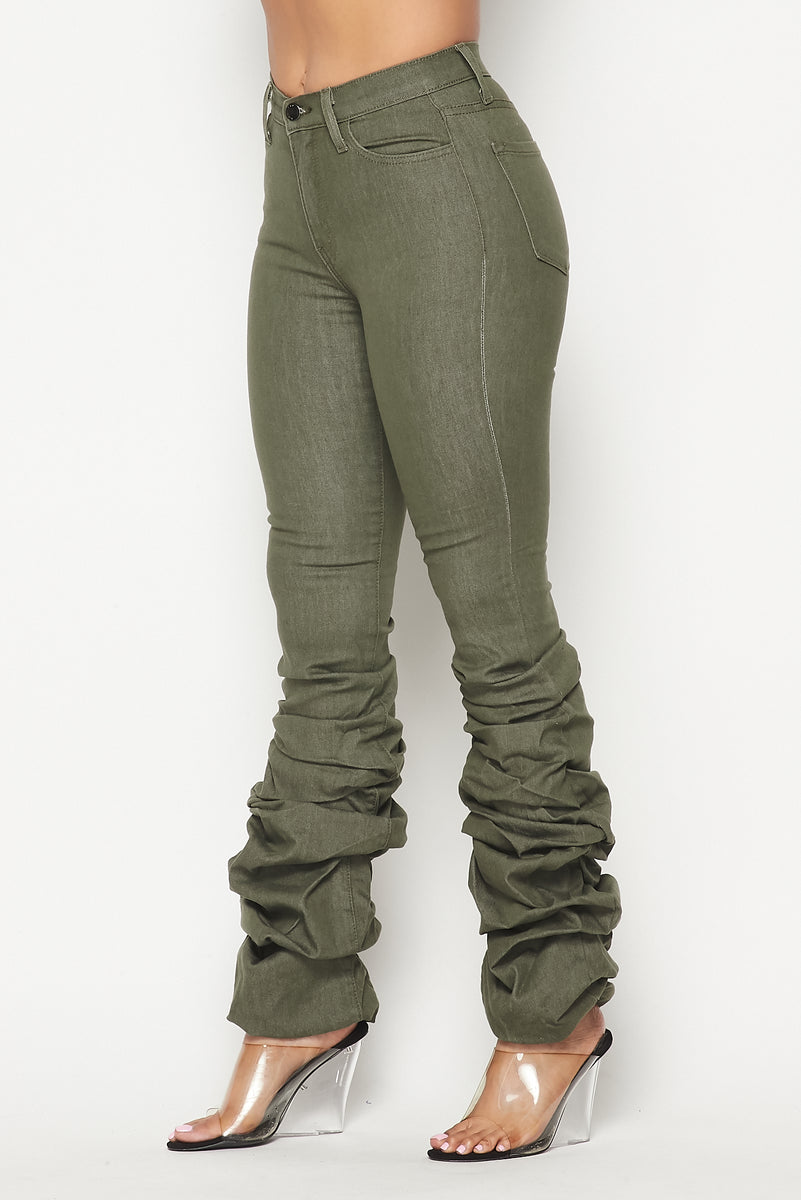 Vibrant Scrunch Up Bootcut Denim Jeans - Olive – SohoGirl.com