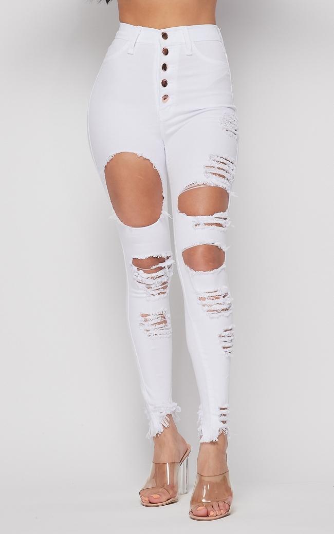Vibrant High Waisted Button Fly Distressed Jeans - White – SohoGirl.com