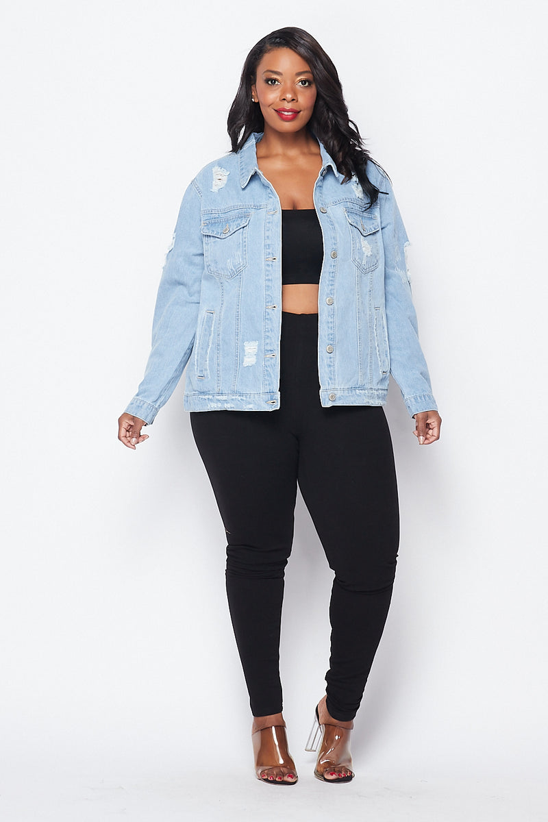 Plus Size Distressed Denim Jacket - Light Wash – SohoGirl.com