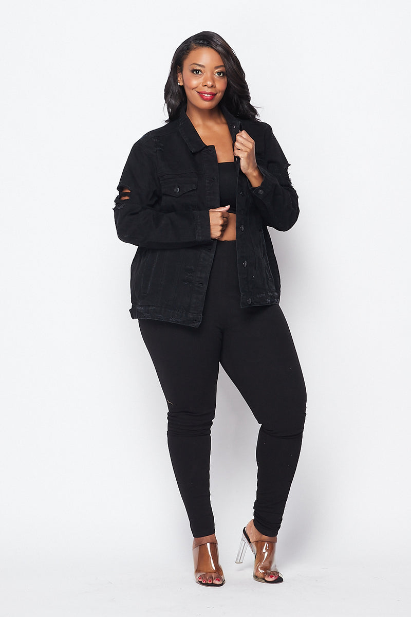 Plus Size Distressed Denim Jacket - Black – SohoGirl.com