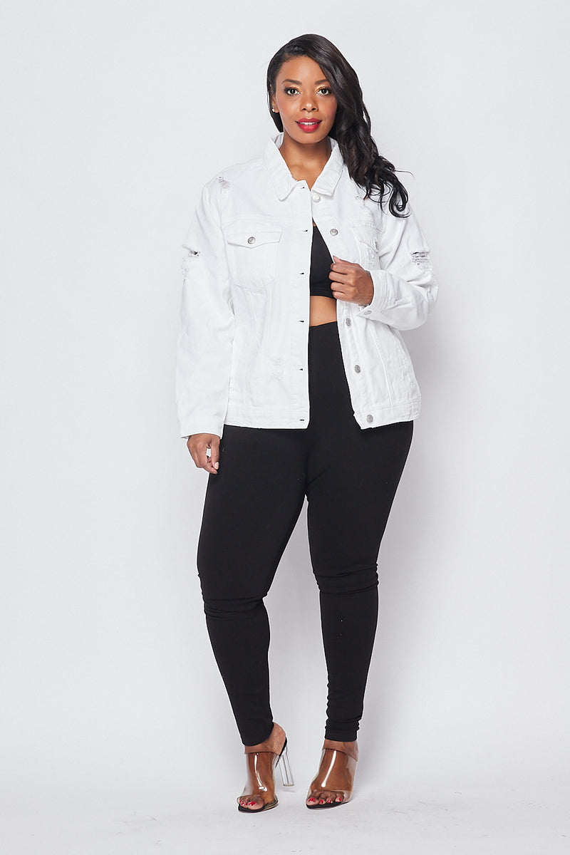 Plus Size Distressed Denim Jacket - White – SohoGirl.com