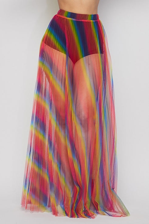 Rainbow Pleated Sheer Maxi Skirt - Multicolor – SohoGirl.com