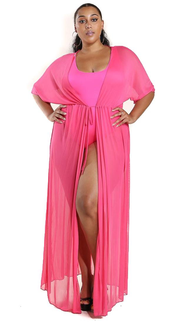 Plus Size Sheer Mesh Maxi Duster - Hot Pink – SohoGirl.com