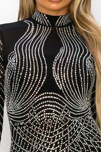 BANJUL RHINESTONE MESH LONG SLEEVE MOCK NECK ROMPER-BLACK – SohoGirl.com