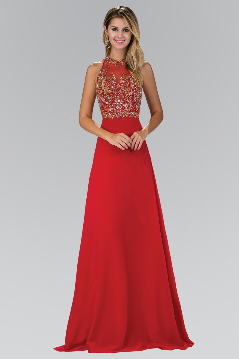 Elizabeth K GL 1329 Jewel and Bead Embellished Long Dress with Back Cu ...