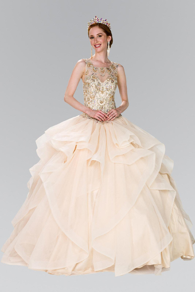 Elizabeth K GL2378 Quinceanera Full Beaded Bodice Illusion Ball Gown w ...