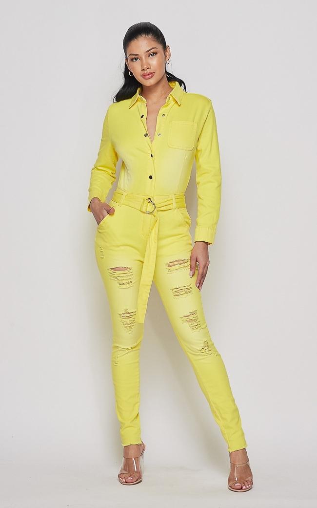 Distressed Denim Washed Belted Jumpsuit - Yellow – SohoGirl.com
